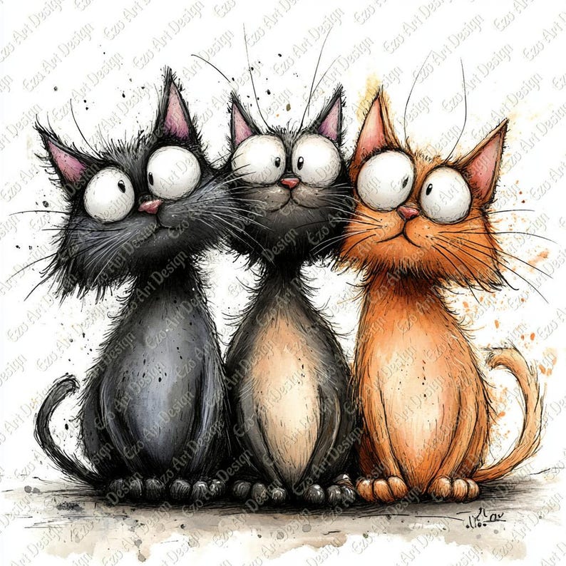 Cute Cat Squad Clipart, 10 High Quality JPG, Big Eyes Cats, Happy Cat ...