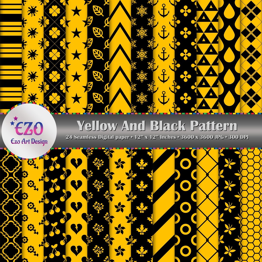 Yellow and Black Pattern Digital Paper Pack, 24 Paper, Scrapbook Paper ...