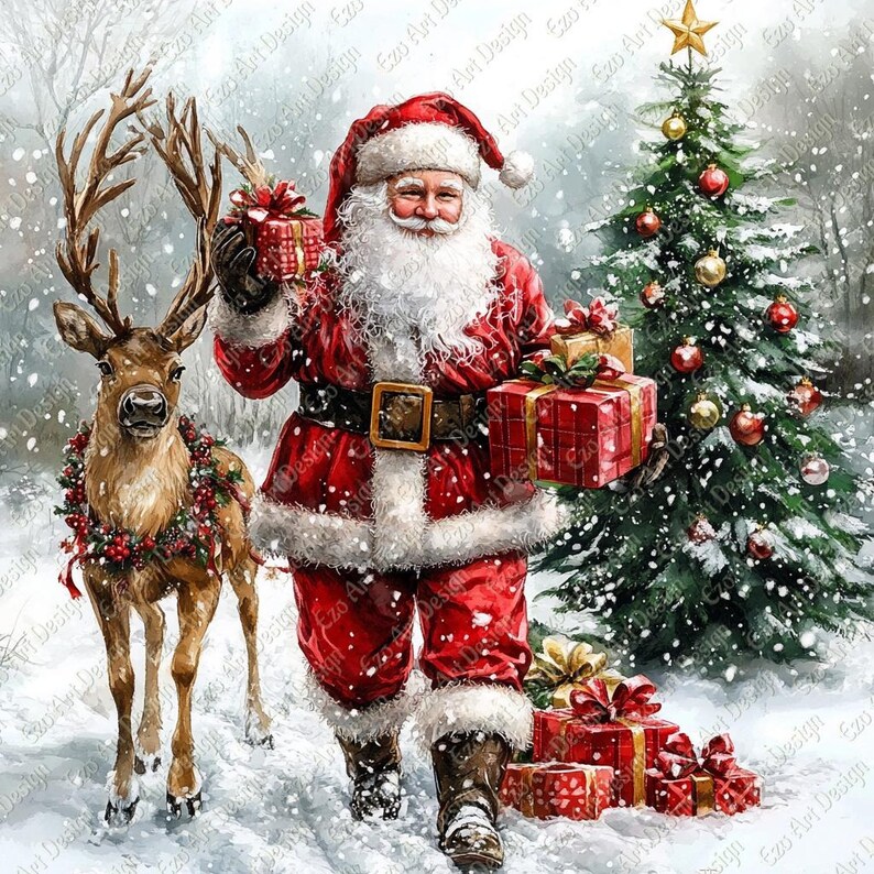 Santa and Reindeer Christmas Clipart, AI Enhanced JPG (digital Download ...