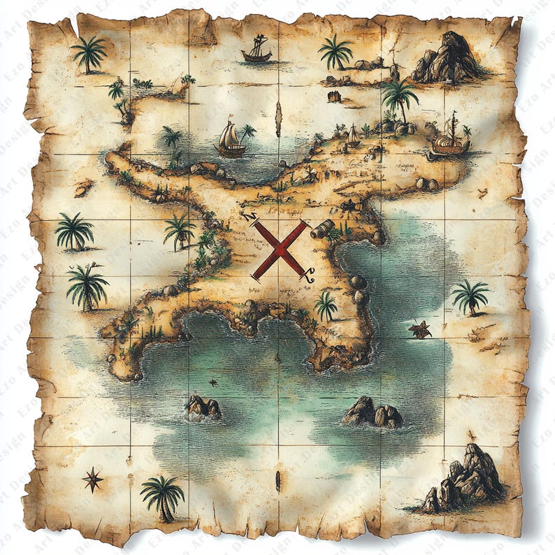 Treasure Map Clipart, 12 JPG, Digital Download, Printable Vintage Map ...