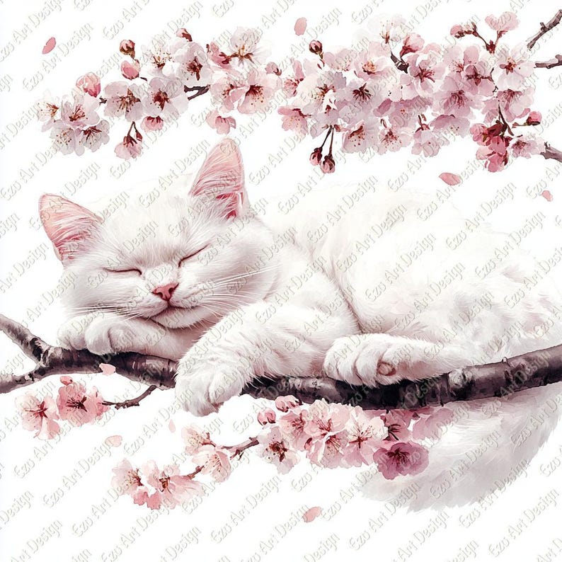 Cherry Blossom Cat Clipart, Watercolor Sleeping Kitten, Sakura Flowers ...