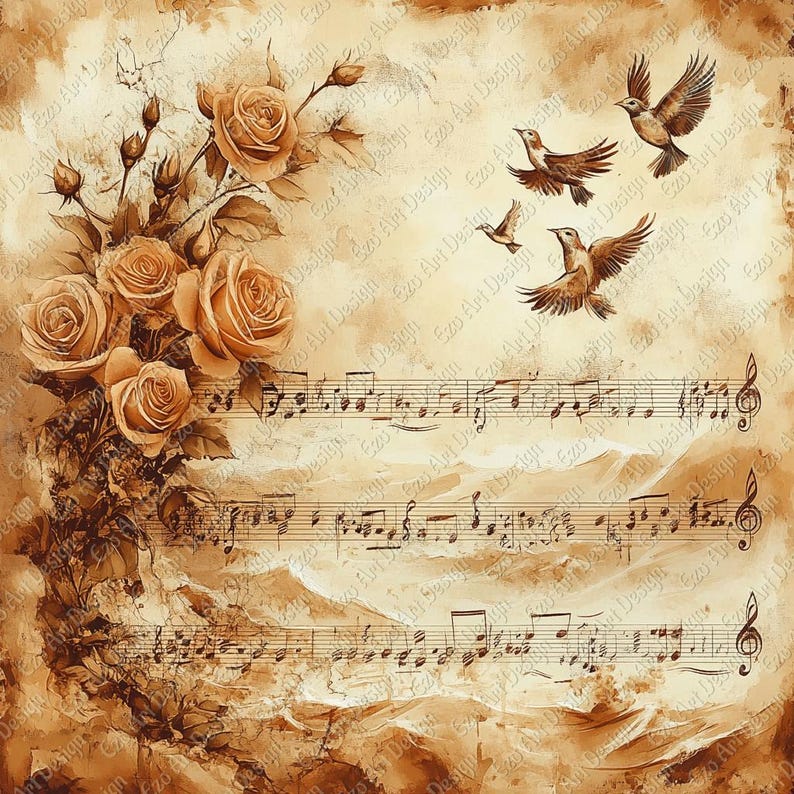 Vintage Floral Musical Notes Clipart, Melody Garden (digital Download ...