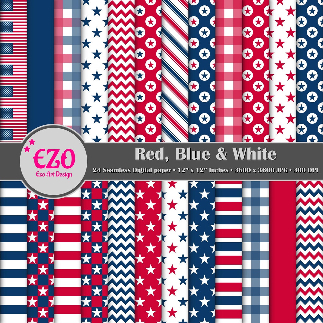 Red Blue White Digital Paper Pack - 24 Papers - Scrapbook Papers ...