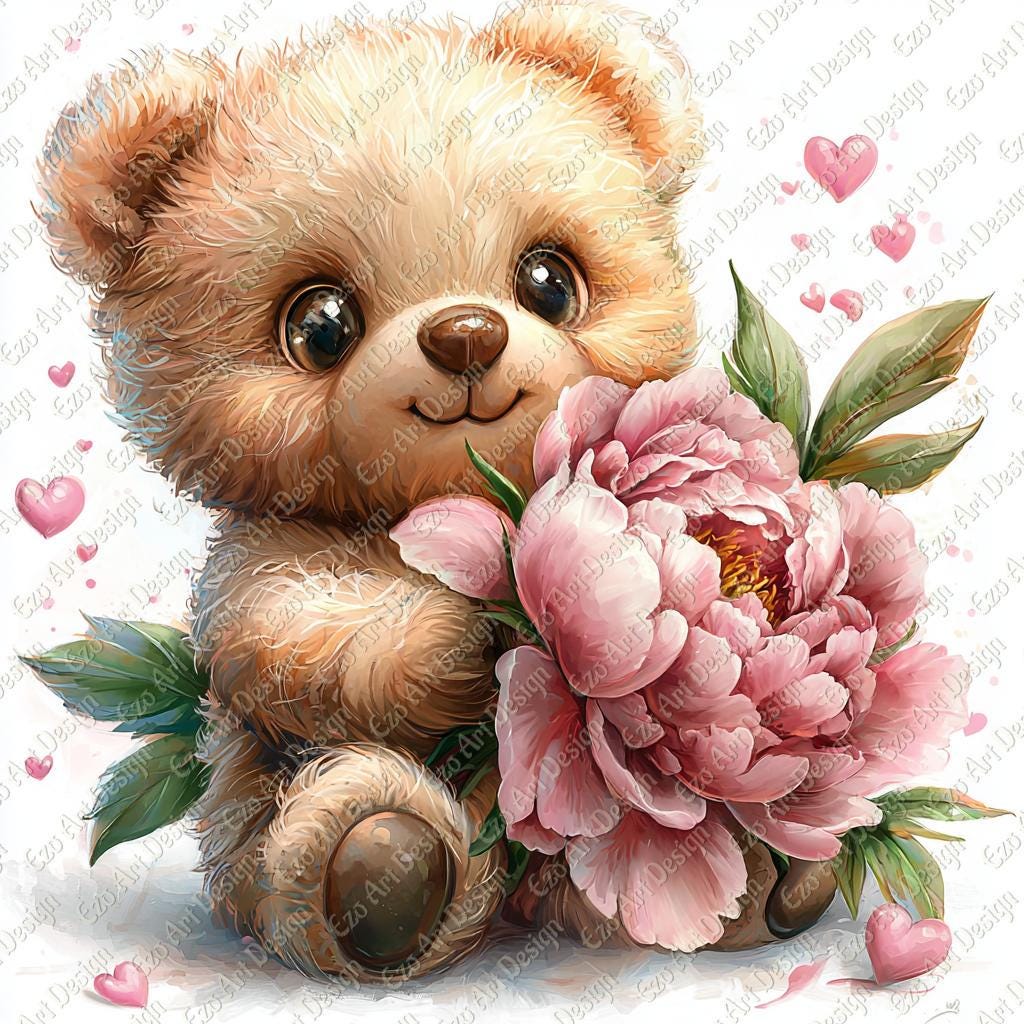 Floral Teddy Bear Clipart, Nursery Art, JPG (digital Download) - Etsy