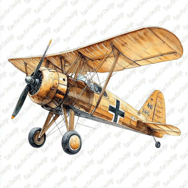 Watercolor Vintage Biplane Clipart, Retro Aviation Art (digital ...
