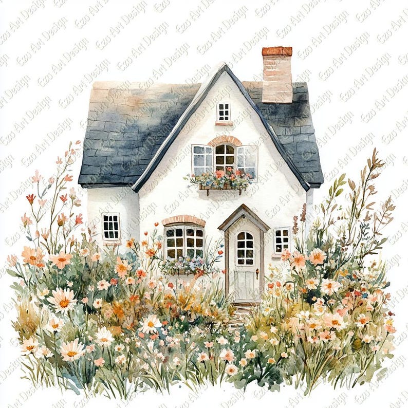 Watercolor Cottage House Clipart, Wildflower Garden, Fairytale Dwelling ...