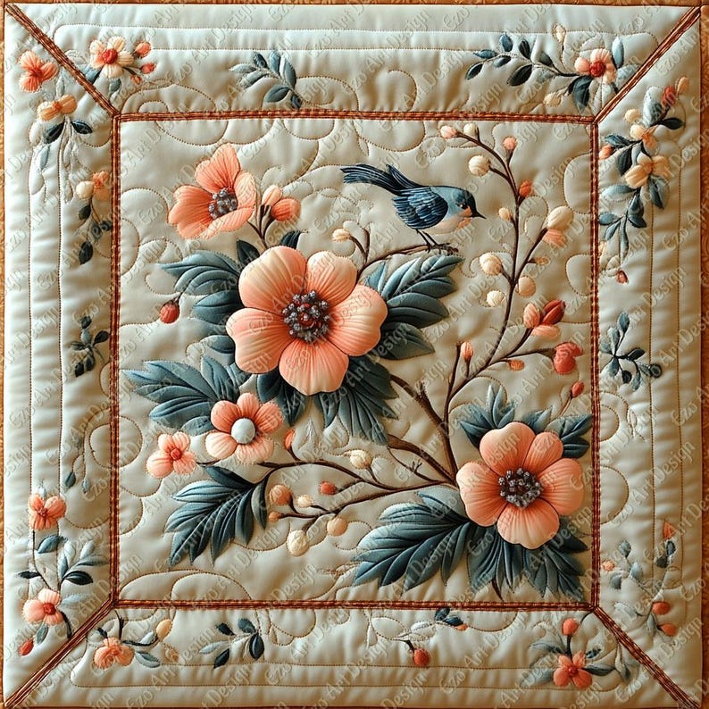 Floral Quilt Square Clipart, Embroidered Vintage Textile (digital ...