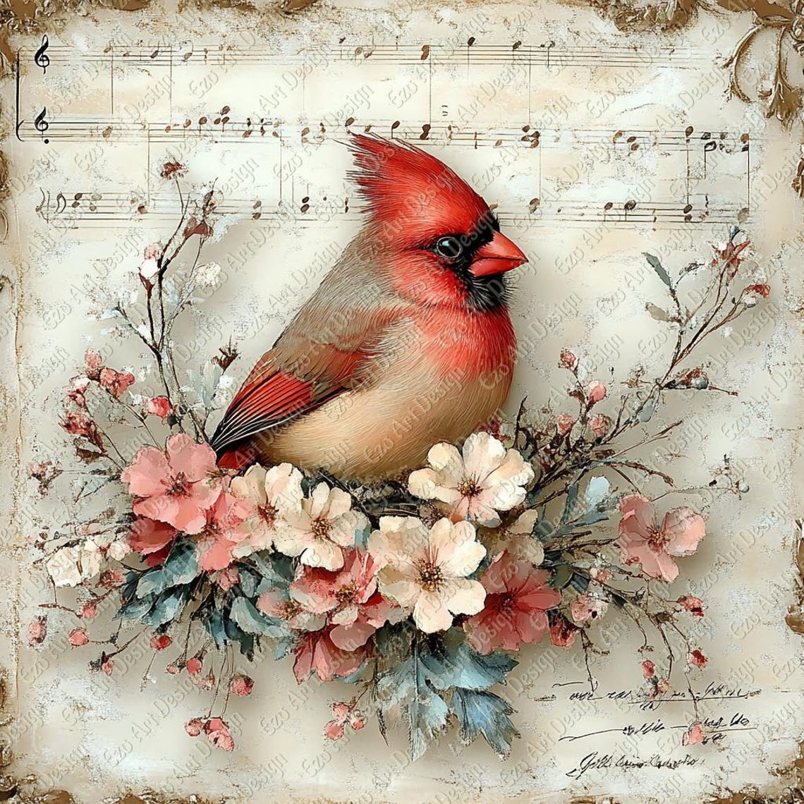 Red Cardinal Clipart, Spring Flowers Art (digital Download) - Etsy