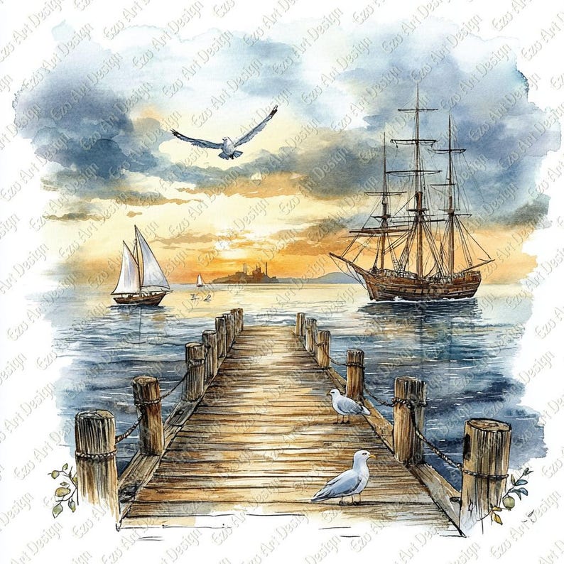 Watercolor Sea Pier Clipart, 10 High Quality JPG, Ocean Pier, Sailing ...