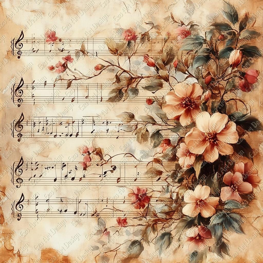 Vintage Floral Musical Notes Clipart, Melody Garden (digital Download ...