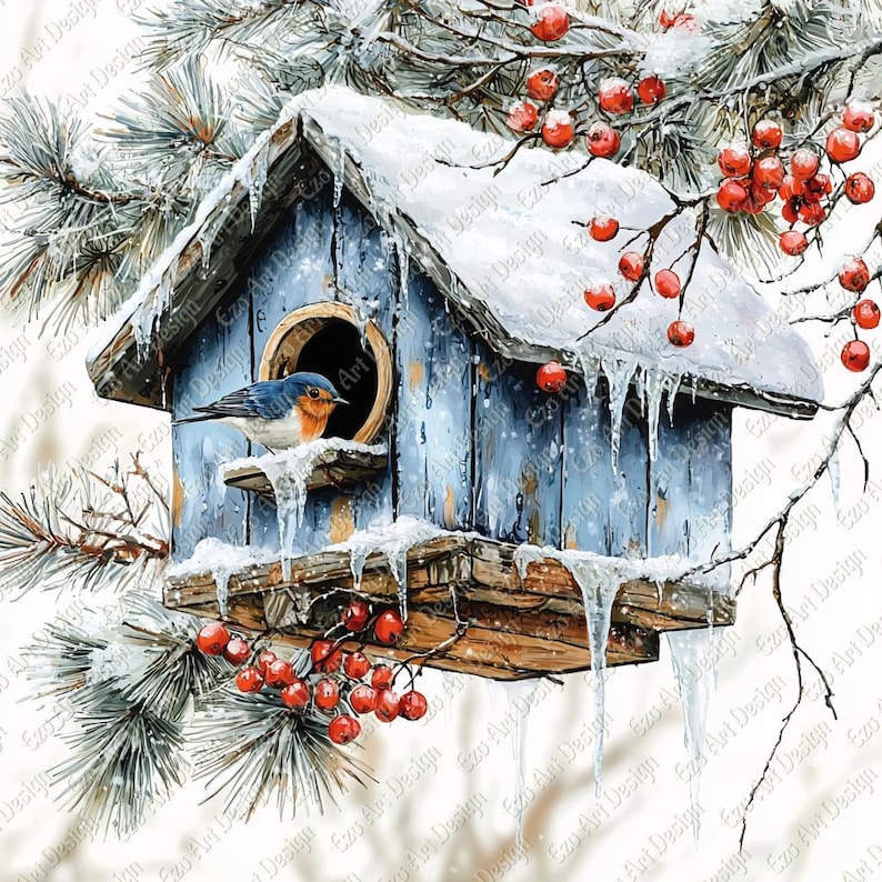 Robin Birdhouse Winter Clipart: Holiday JPG Designs - Etsy