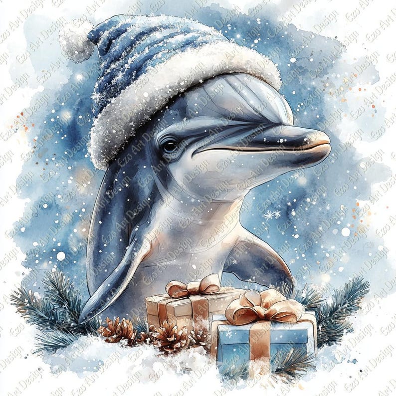 Christmas Dolphin Clipart, Winter Wonderland JPG Art (digital Download ...