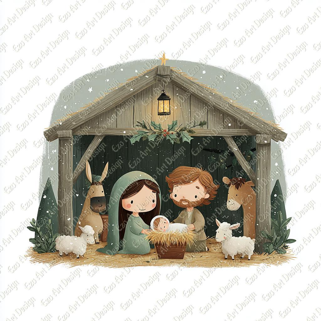 Whimsical Nativity Scene Clipart, Holy Family Watercolor, Christmas JPG ...
