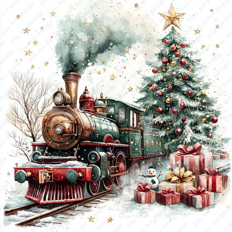 Elegant Christmas Train Clipart, 10 High Quality JPG, Train, Christmas ...