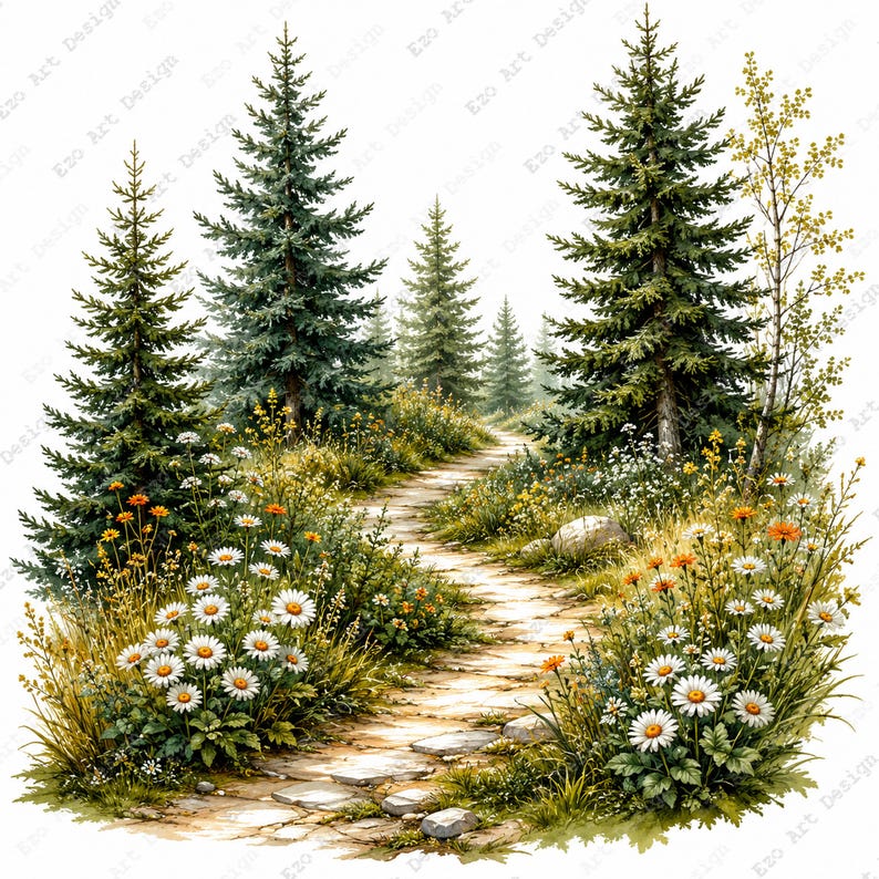 Garden Path Clipart, Watercolor Nature Stone Trail Landscape Art ...