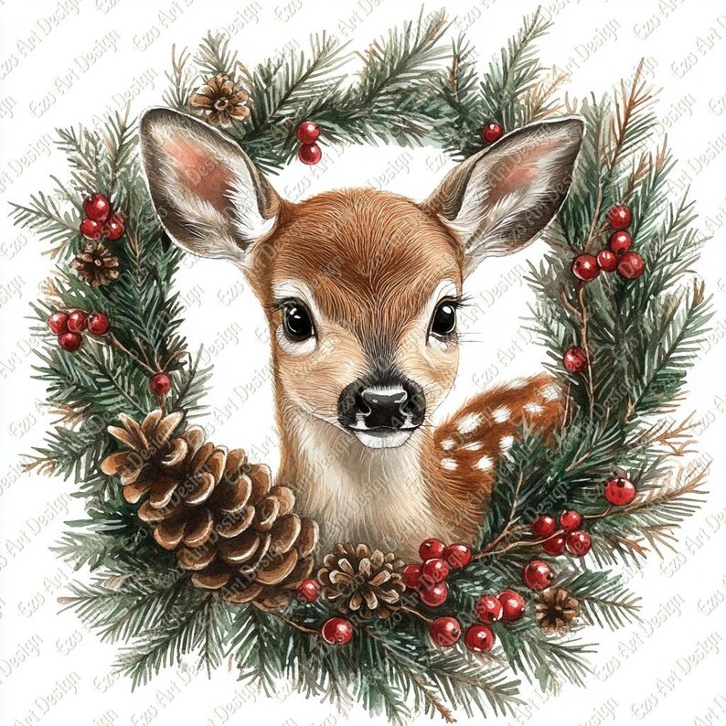 Baby Deer Christmas Clipart, Fawn Portrait With Antlers (JPG Digital ...
