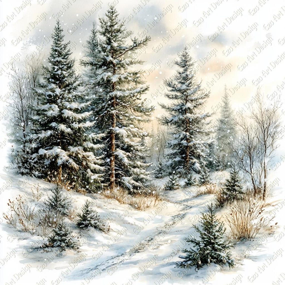 Winter Pine Forest Clipart, Snowy Trees, Frozen Landscape (digital ...