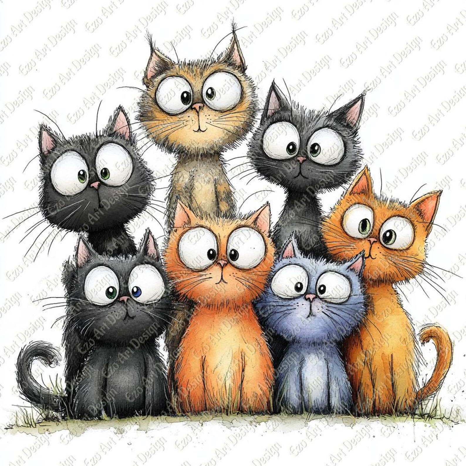 Cute Cat Squad Clipart, 10 High Quality JPG, Big Eyes Cats, Happy Cat ...