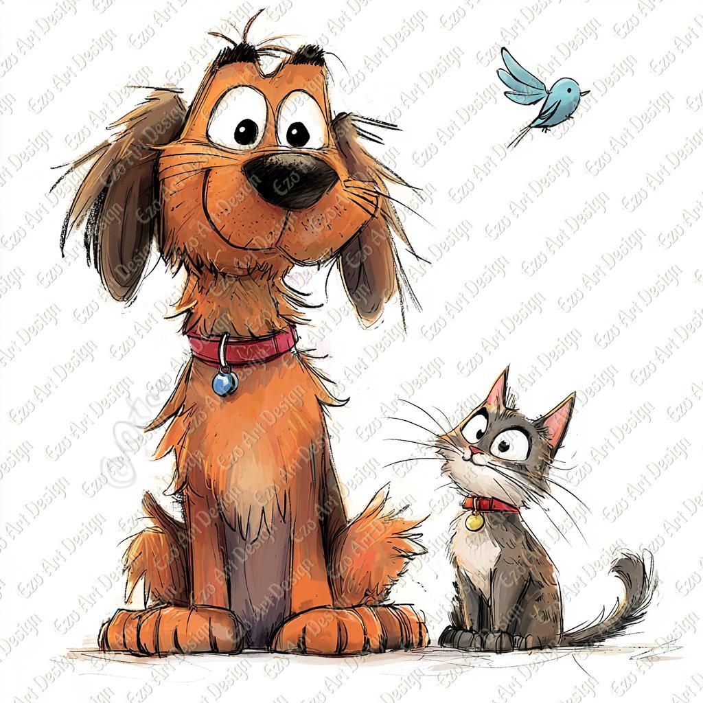 Quirky Dog and Cat Clipart, 10 High Quality JPG, Quirky Pals, Whimsical ...