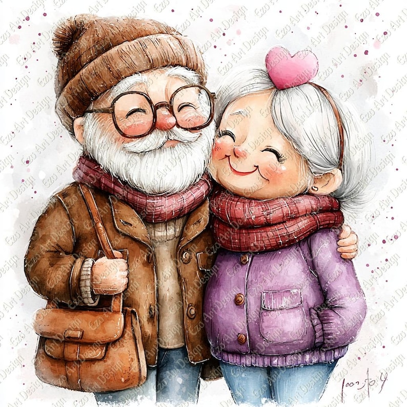 Romantic Grandma and Grandpa Clipart - Warm Senior Couple Art Digital ...