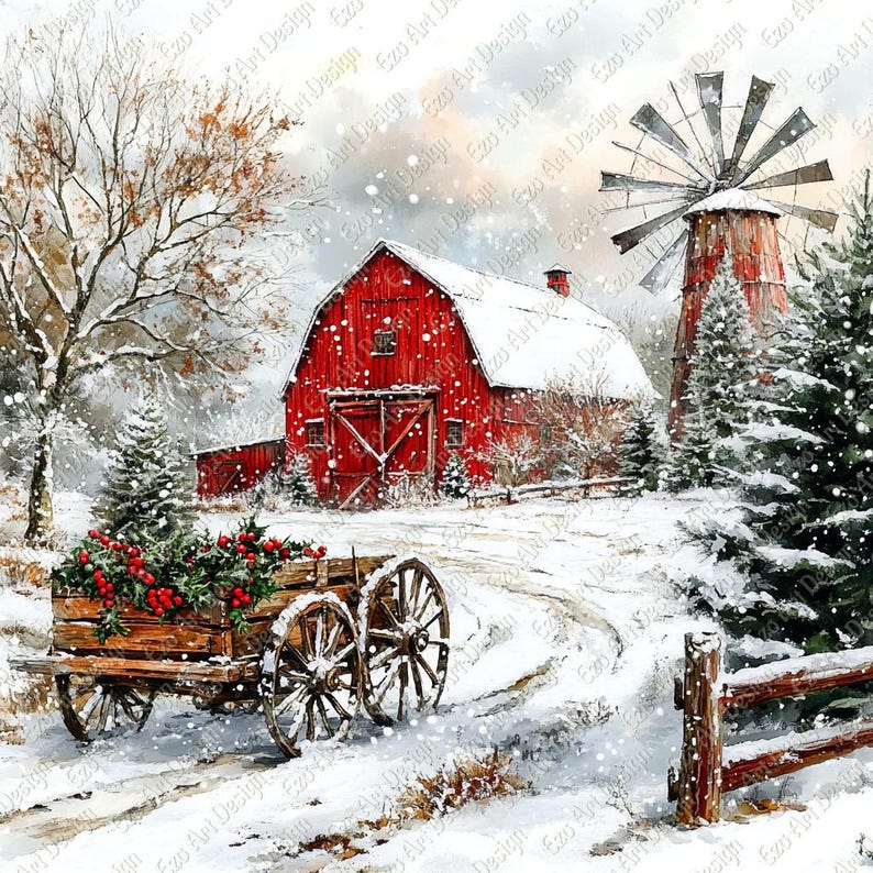 Christmas Farm Clipart, Winter Barn Scene (digital Download) - Etsy