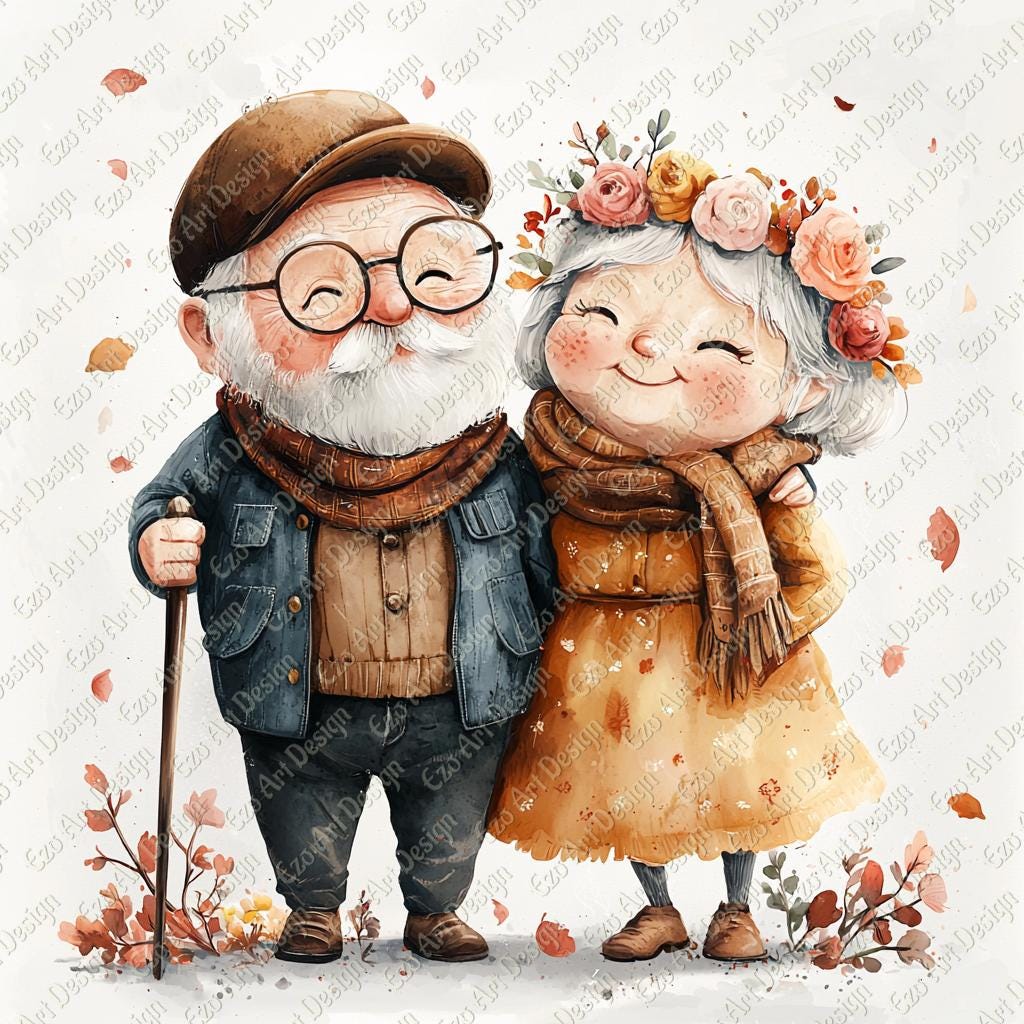 Romantic Grandma and Grandpa Clipart - Warm Senior Couple Art Digital ...
