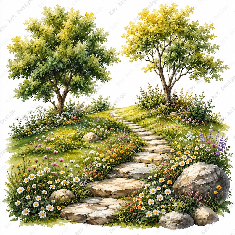 Garden Path Clipart, Watercolor Nature Stone Trail Landscape Art ...