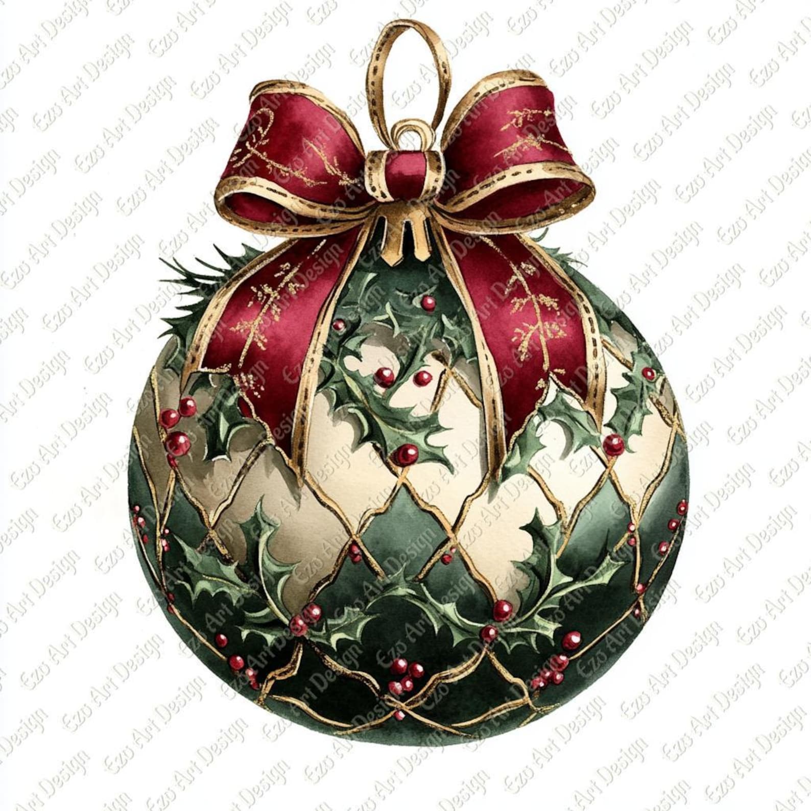 Christmas Ornament Clipart, Watercolor Bauble Printable Art, Holiday ...