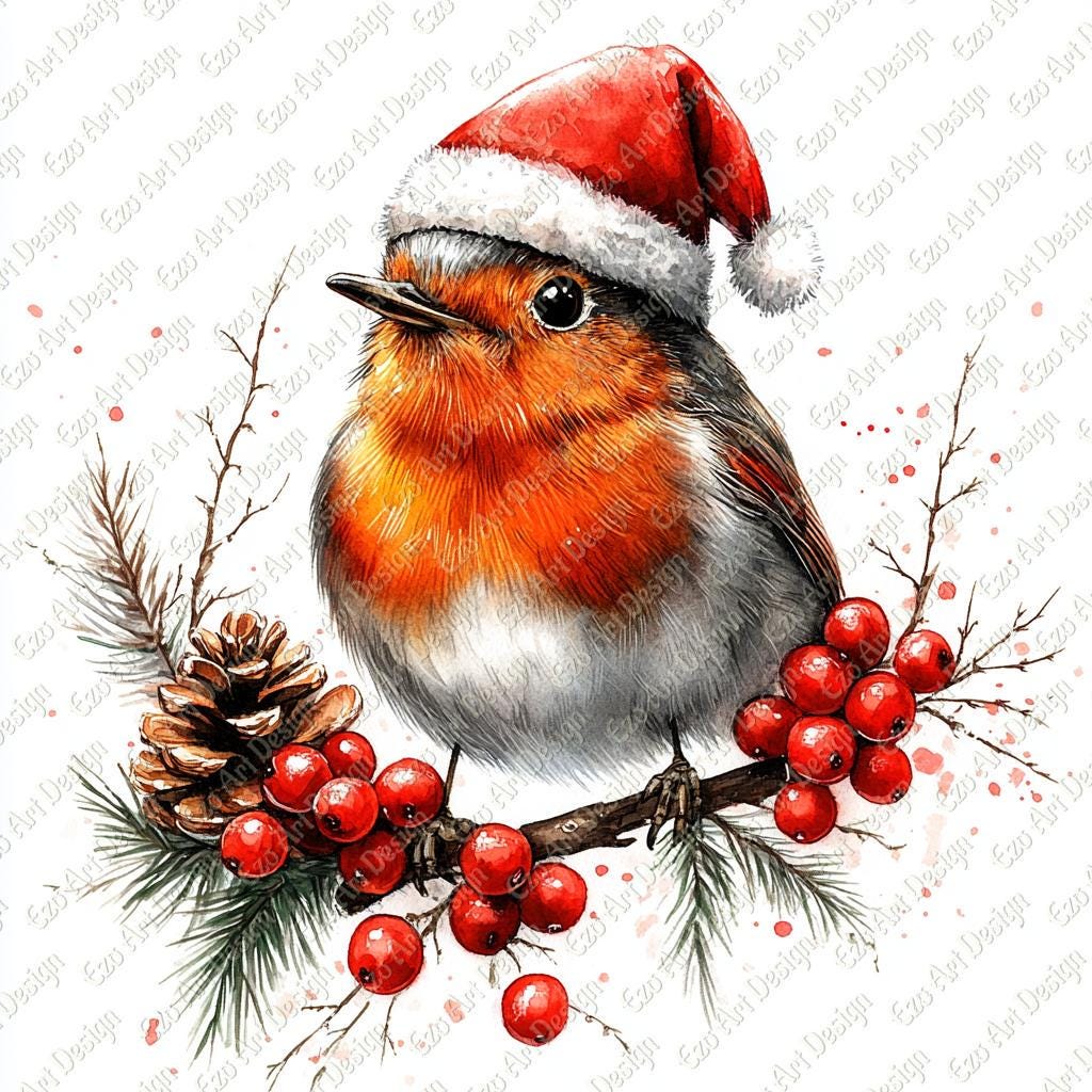 Christmas Robin Clipart, Santa Hat Bird JPG (digital Download) - Etsy