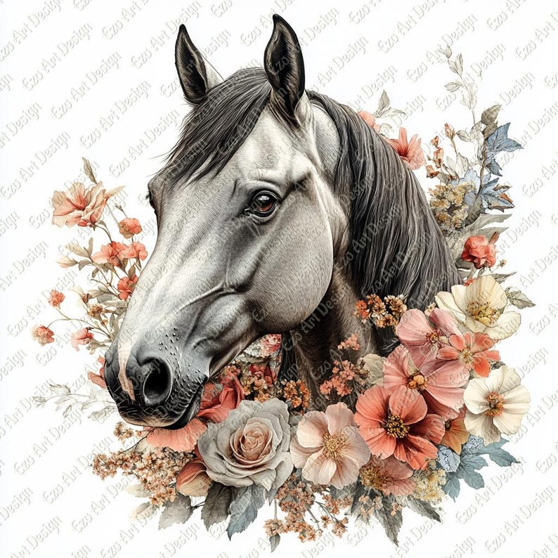 Floral White Horse Clipart, Wildflower Horse Art (digital Download) - Etsy