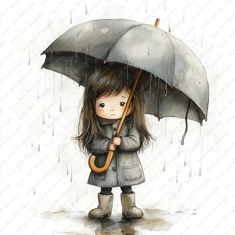 Girl and Rain Clipart, 10 High Quality JPG, Quirky Rain Lover, Girl and ...