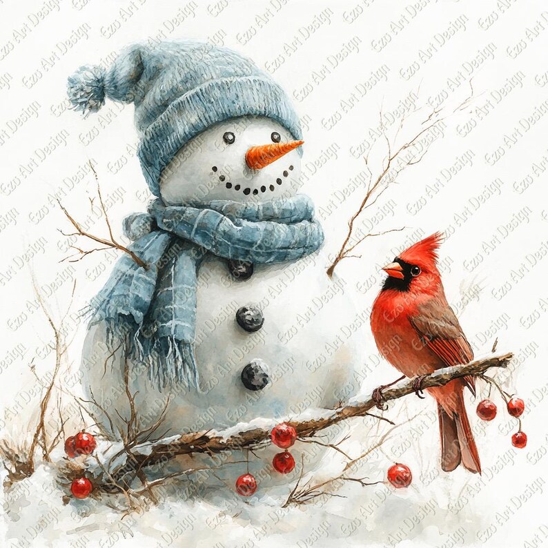 Watercolor Snowman and Cardinal Clipart, Winter Holiday Art (digital ...