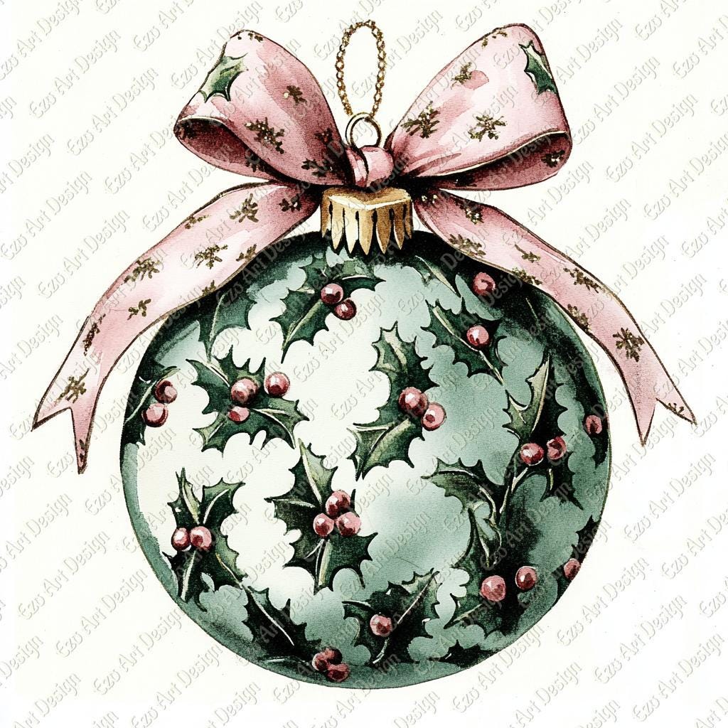 Christmas Ornament Clipart, Watercolor Bauble Printable Art, Holiday ...