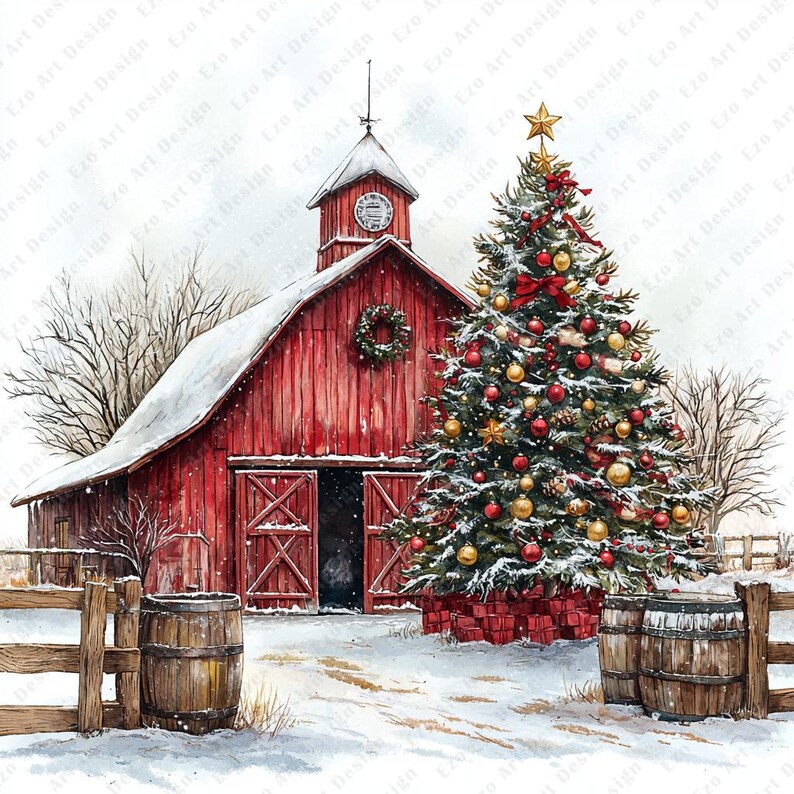 Christmas Farmhouse Clipart, Snowy Barn Scene (digital Download) - Etsy