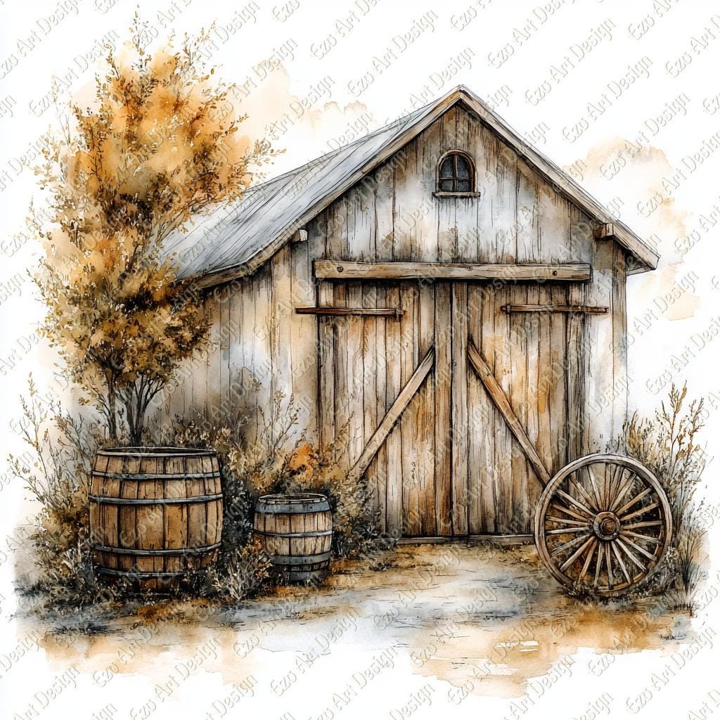 Farmhouse Wall Art, Rustic Barn Clipart Printable, Country Landscape ...