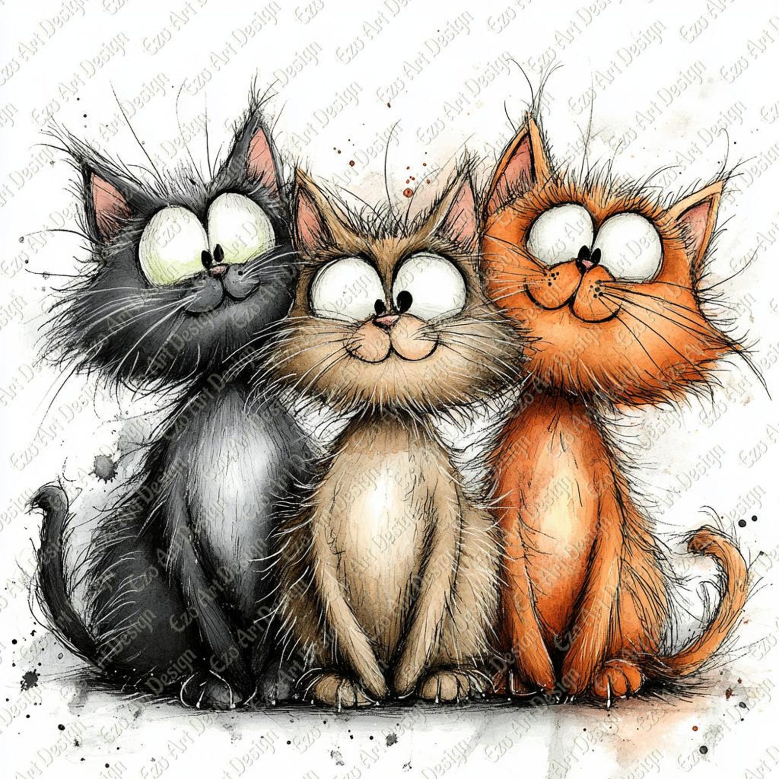 Cute Cat Squad Clipart, 10 High Quality JPG, Big Eyes Cats, Happy Cat ...