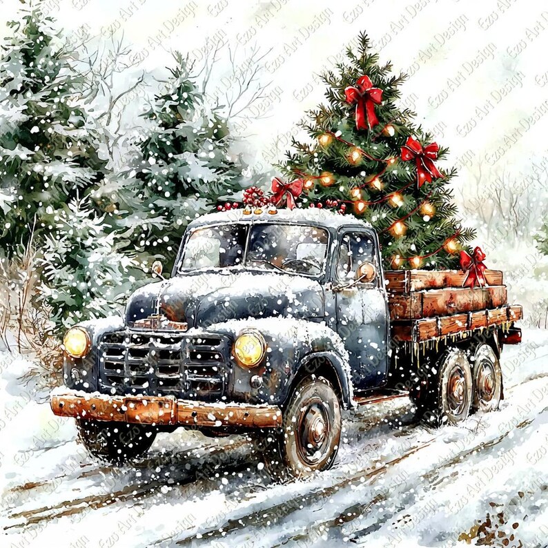 Christmas Truck Clipart, 10 High Quality JPG, Pine Tree Truck, Digital ...