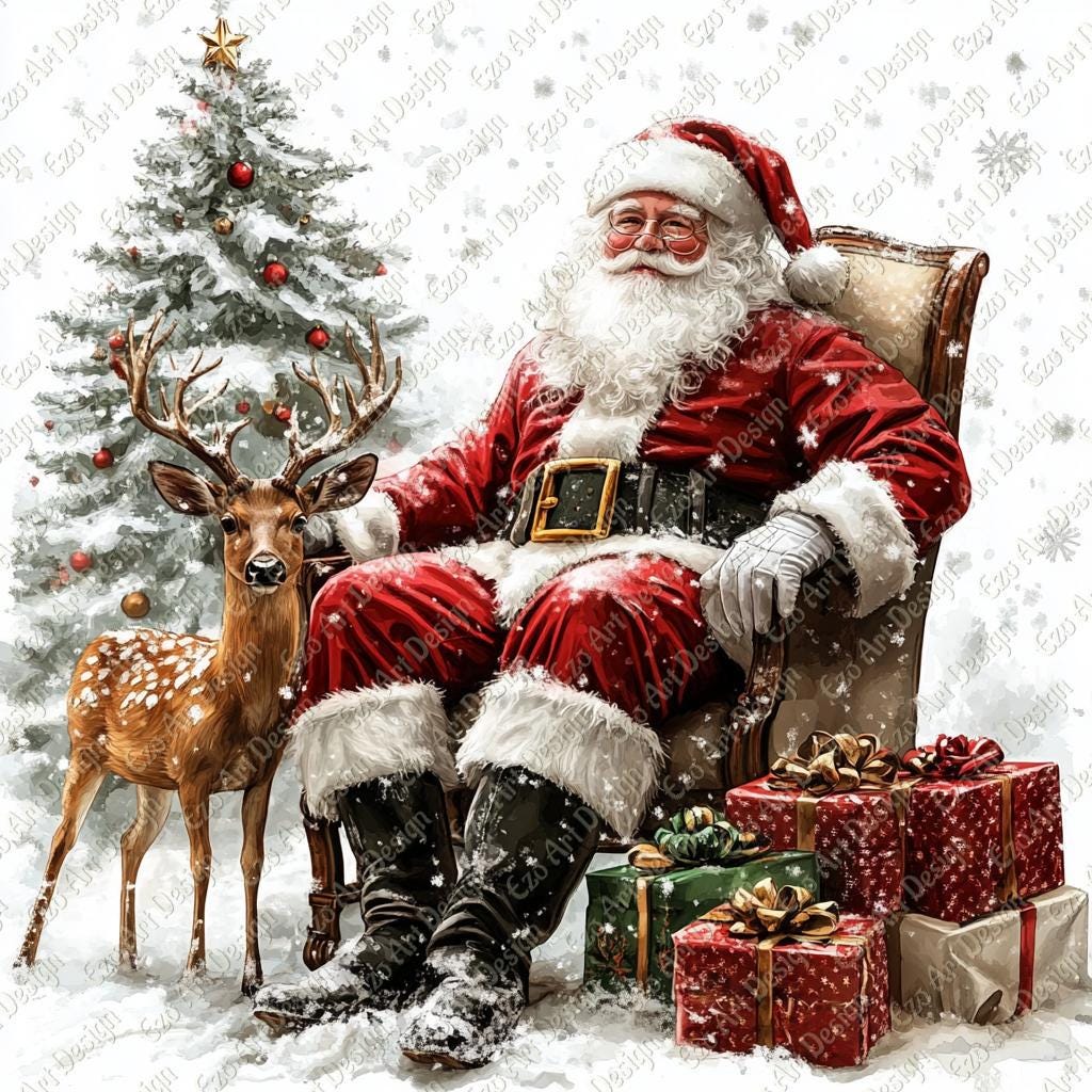 Santa and Reindeer Christmas Clipart, AI Enhanced JPG (digital Download ...