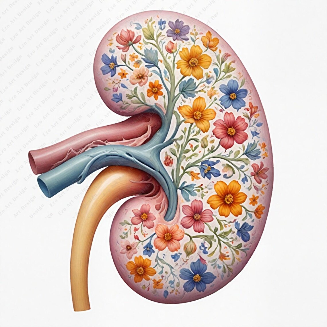 Floral Kidney Clipart, 10 High Quality JPG, Flower Kidney, Medical Art ...