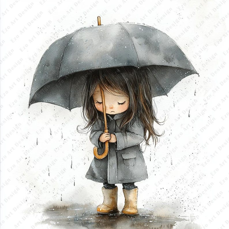 Girl and Rain Clipart, 10 High Quality JPG, Quirky Rain Lover, Girl and ...