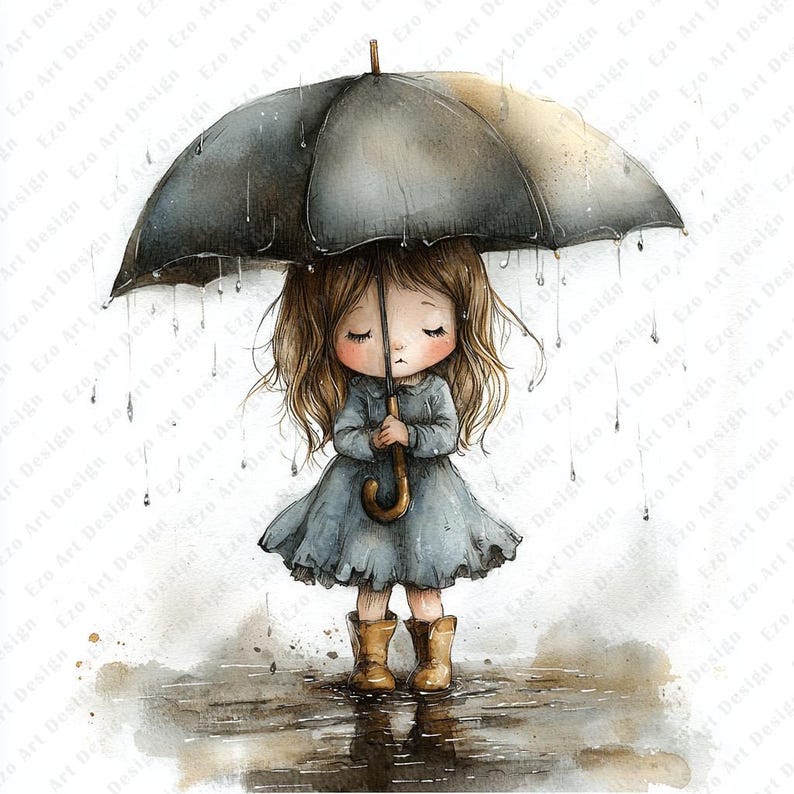 Girl and Rain Clipart, 10 High Quality JPG, Quirky Rain Lover, Girl and ...