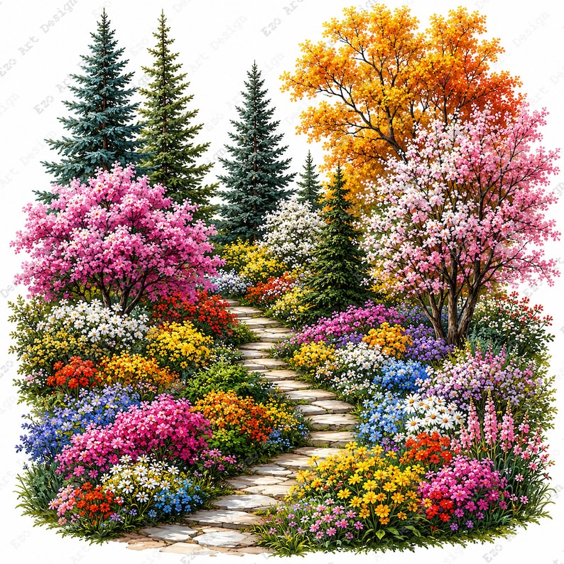 Spring Garden Landscape Clipart, Watercolor Floral Cottage Nature Art ...