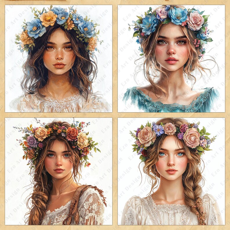 Boho Woman Clipart, Floral Crown Portrait (digital Download) - Etsy