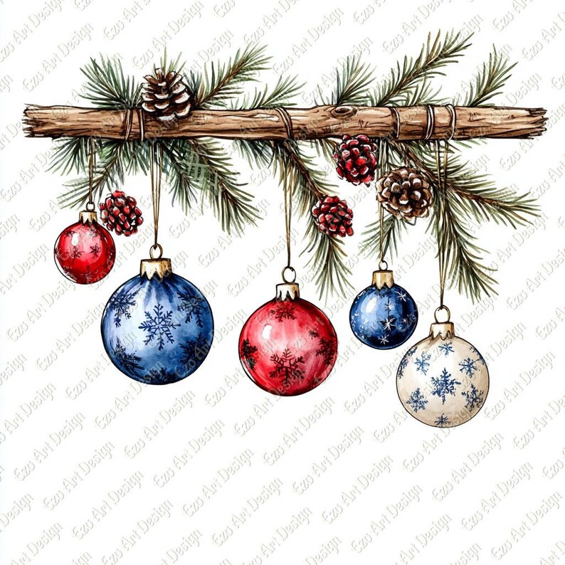 Watercolor Christmas Border Clipart, Festive Red Ornaments (digital ...