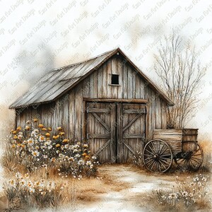 Farmhouse Wall Art, Rustic Barn Clipart Printable, Country Landscape ...
