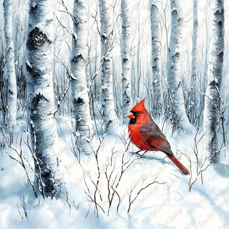 Red Cardinal Winter Forest Clipart, Snowy Scene (digital Download) - Etsy
