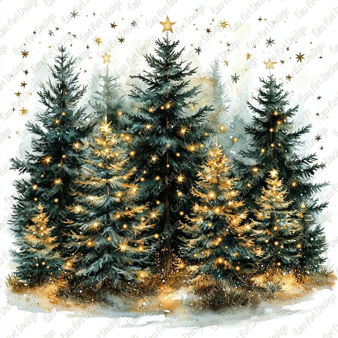 Christmas Pine Forest Clipart, Whimsical Trees JPG (digital Download ...