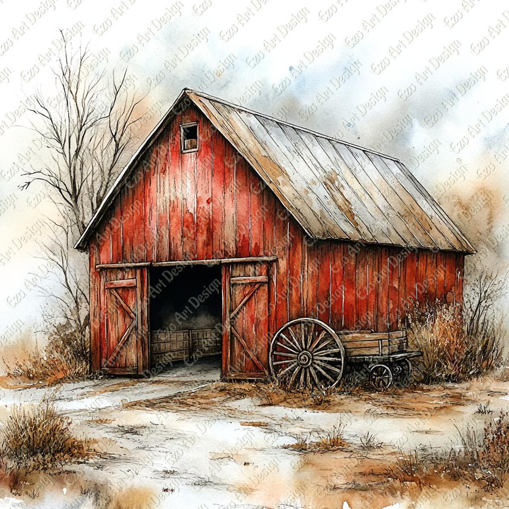 Rustic Barn Clipart, Country Landscape, Vintage Wooden Cart (digital ...