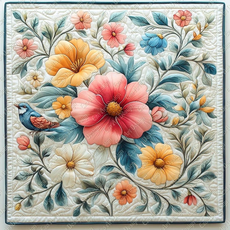 Floral Quilt Square Clipart, Embroidered Vintage Textile (digital ...
