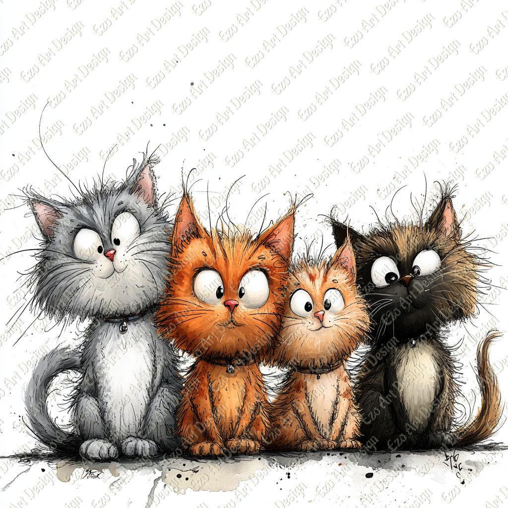 Cute Cat Squad Clipart, 10 High Quality JPG, Big Eyes Cats, Happy Cat ...